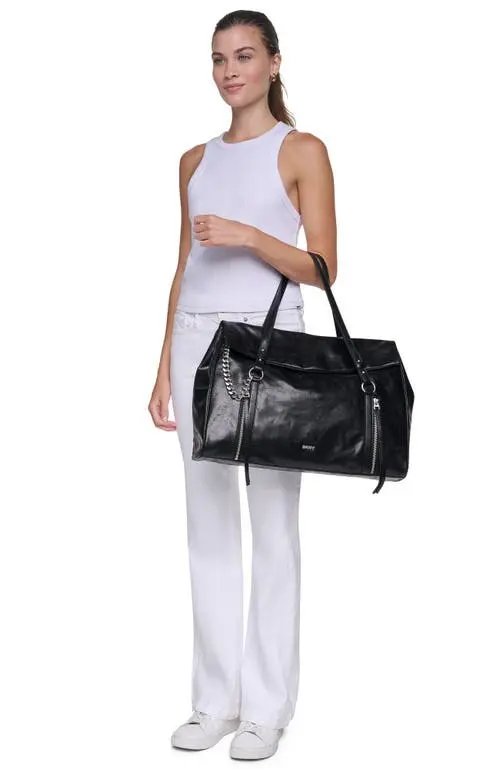 Dkny Skye Large Satchel With Chain Detail - Black/silver
