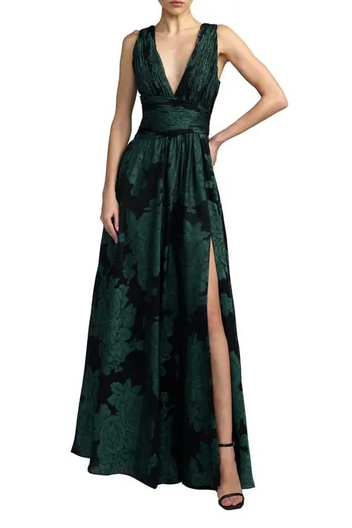 Mac Duggal Burnout Chiffon Sleeveless V Neck A Line Gown