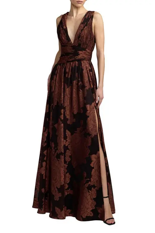 Mac Duggal Floral Burnout Chiffon Gown - Spice Multi