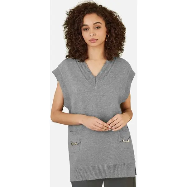 YUMI Knitted V-neck Vest Tunic - Grey