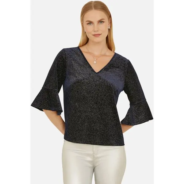 YUMI Fluted Sleeve Relaxed Fit Top - Navy