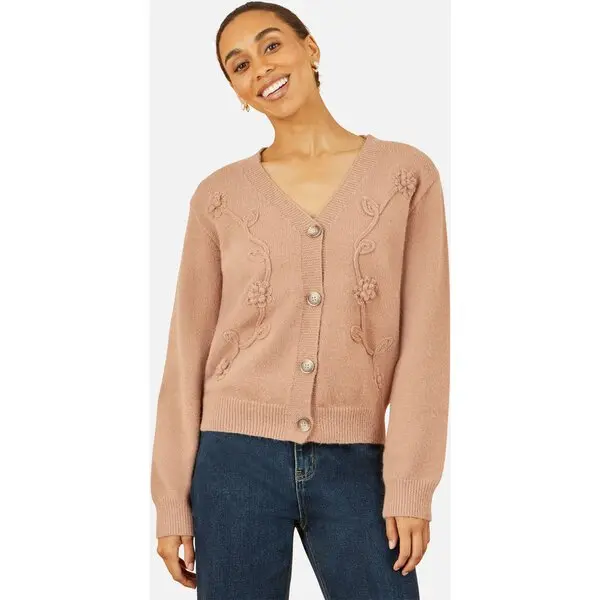 YUMI Floral Embroidered Relaxed Fit Cardigan - Brown