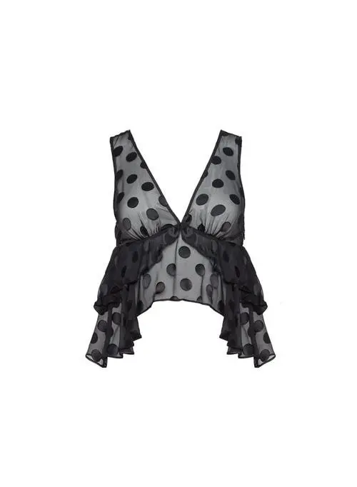 FLEUR DU MAL Silk Dot Ruffle Top - Black