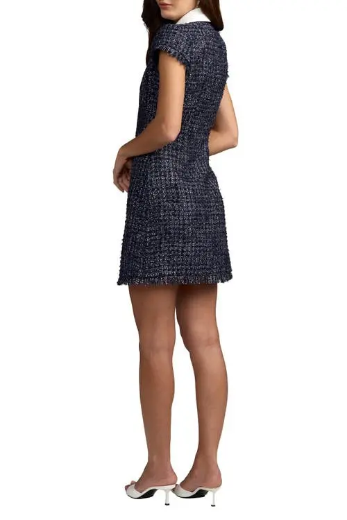 Mac Duggal Bouclé Cap Sleeve Mini Dress With Flower Details