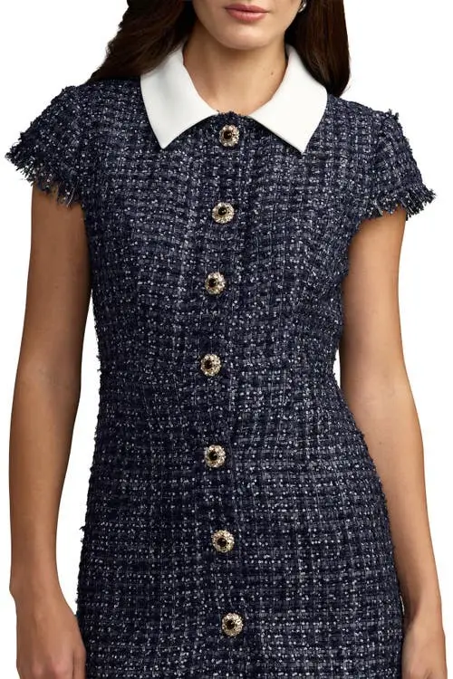 Mac Duggal Bouclé Cap Sleeve Mini Dress With Flower Details