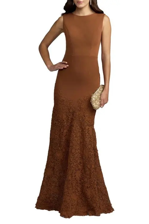 Mac Duggal Sleeveless Boat Neck Lace Mermaid Gown - Nutmeg