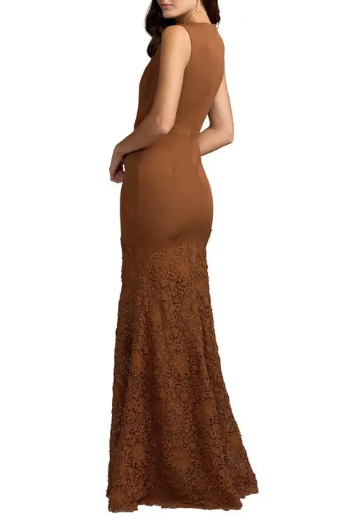 Mac Duggal Sleeveless Boat Neck Lace Mermaid Gown