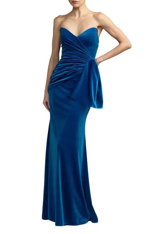 Mac Duggal Strapless Velvet Draped Column Gown