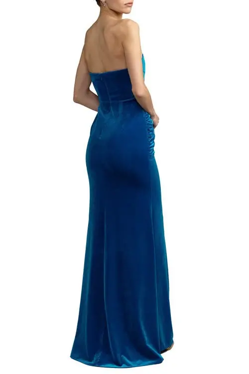 Mac Duggal Strapless Velvet Draped Column Gown