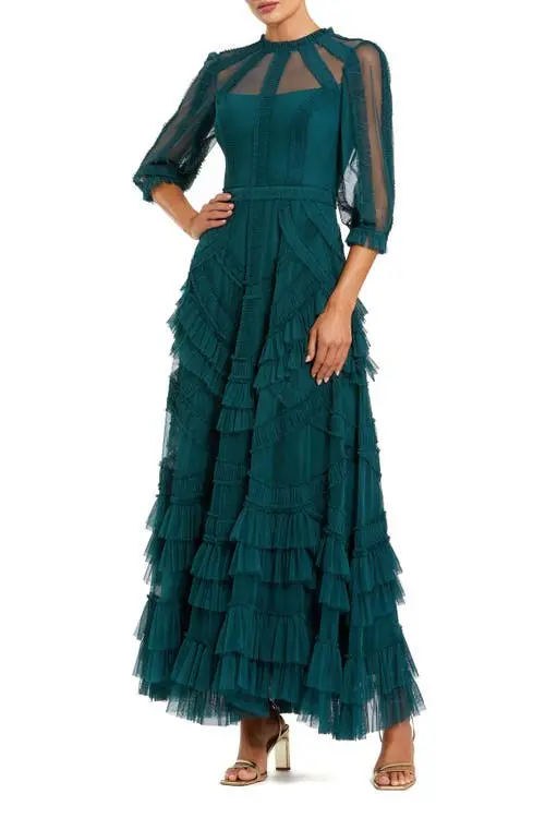 Mac Duggal Petite 3/4 Puff Sleeve Mesh Micro Ruffle Gown - Teal