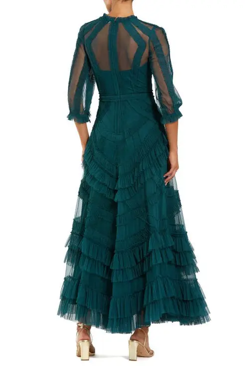 Mac Duggal Petite 3/4 Puff Sleeve Mesh Micro Ruffle Gown