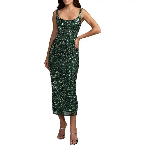 Mac Duggal Sleeveless Scoop Neck Sequin Ankle Dress - Emerald