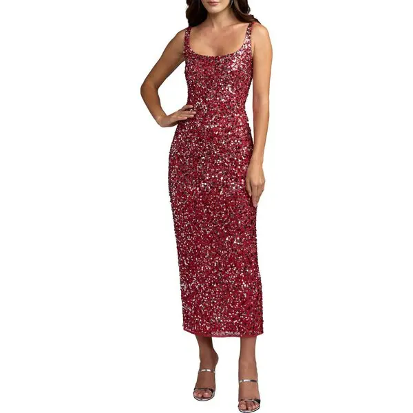 Mac Duggal Sleeveless Sequin Scoop Neck Midi Dress - Red