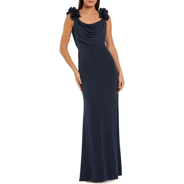 Mac Duggal Petite Floral-appliqué Cowl-neck Sheath Gown - Midnight