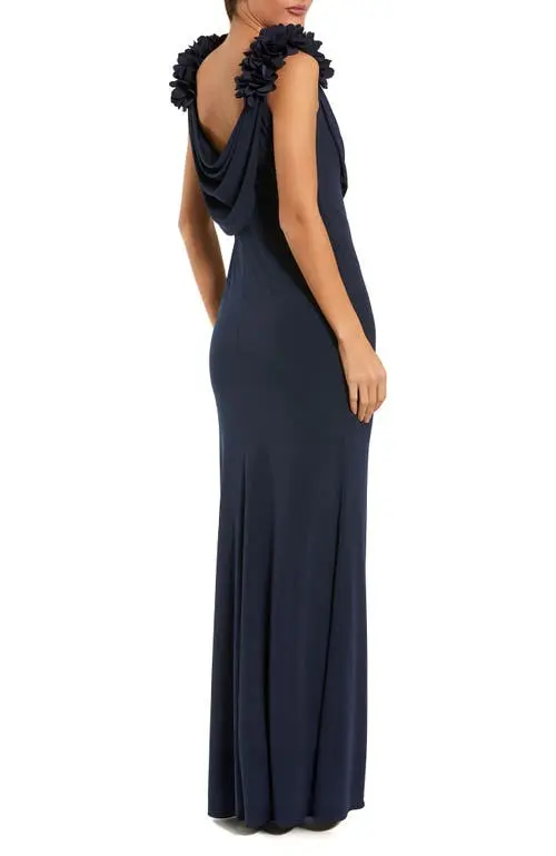 Mac Duggal Petite Floral-appliqué Cowl-neck Sheath Gown