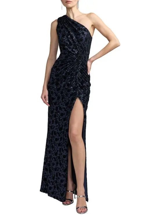 Mac Duggal Floral One Shoulder Sequin Gown With Slit - Midnight
