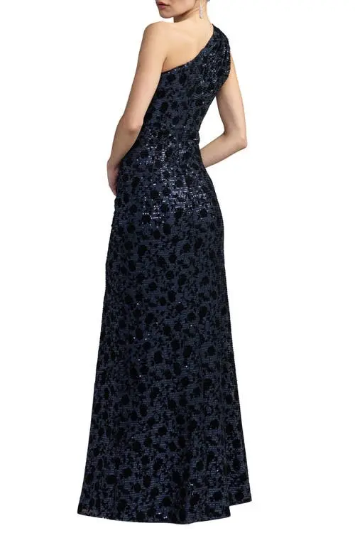 Mac Duggal Floral One Shoulder Sequin Gown With Slit