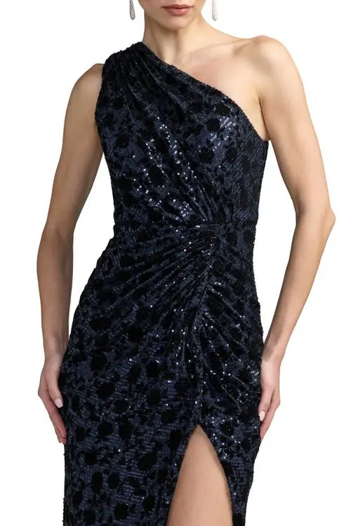 Mac Duggal Floral One Shoulder Sequin Gown With Slit