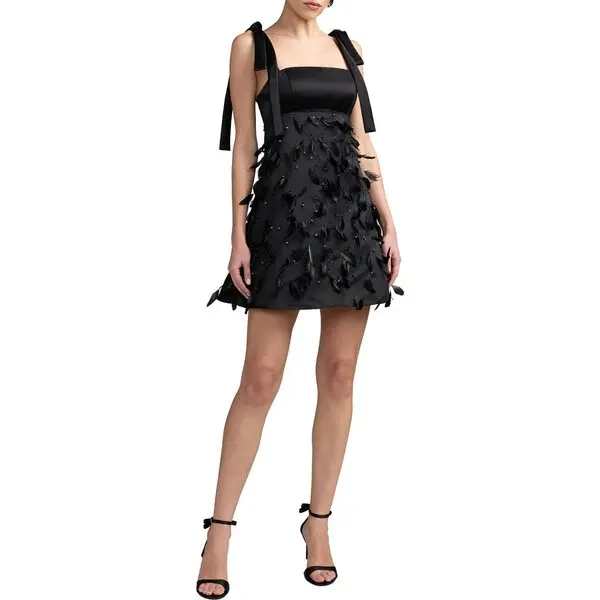 Mac Duggal Square Neck Tie Strap Feather Detail Dress - Black