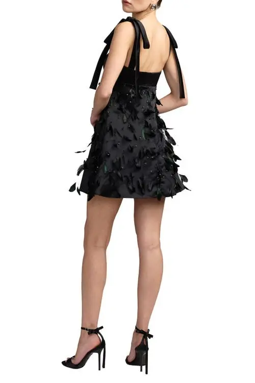Mac Duggal Square Neck Tie Strap Feather Detail Dress