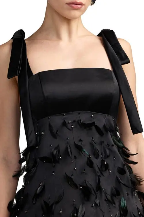 Mac Duggal Square Neck Tie Strap Feather Detail Dress