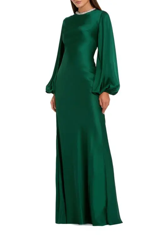 Mac Duggal Beaded High Neck Bishop Sleeve Satin Gown