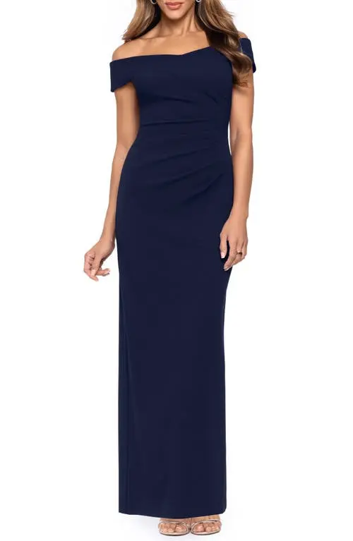 XSCAPE EVENINGS Off-the-shoulder Ruched Scuba-knit Gown - Navy