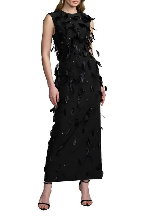 Mac Duggal High Neck Sleeveless Feather Embellished Dress