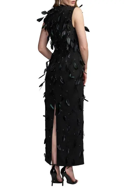 Mac Duggal High Neck Sleeveless Feather Embellished Dress