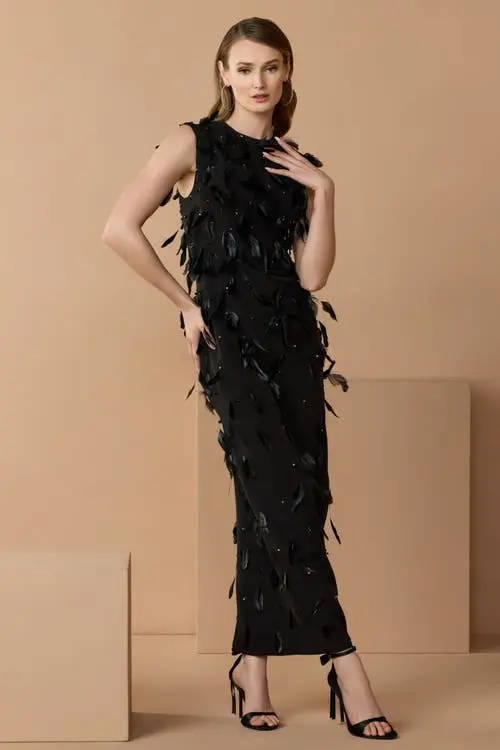 Mac Duggal High Neck Sleeveless Feather Embellished Dress