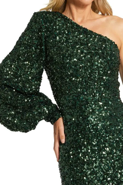 Mac Duggal Sequined One Shoulder Bishop Sleeve Trumpet Gown