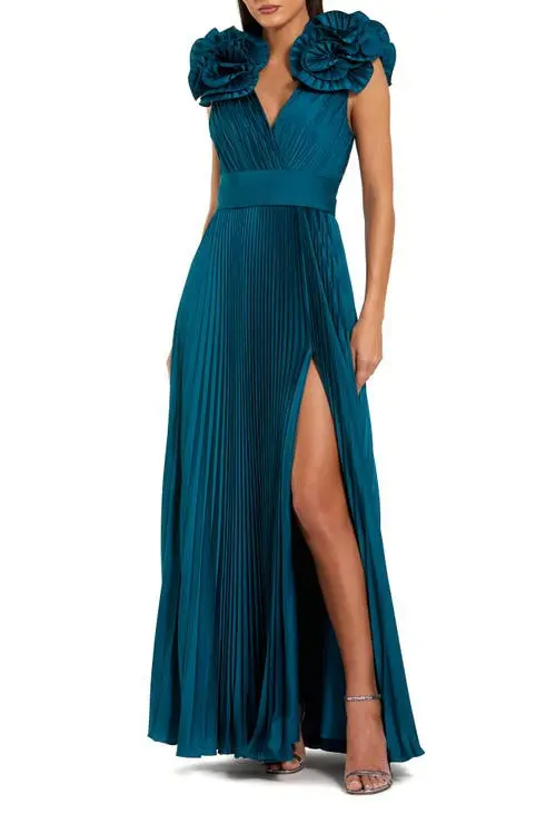 Mac Duggal Pleated Charmeuse V Neck Gown With Ruffle Detail