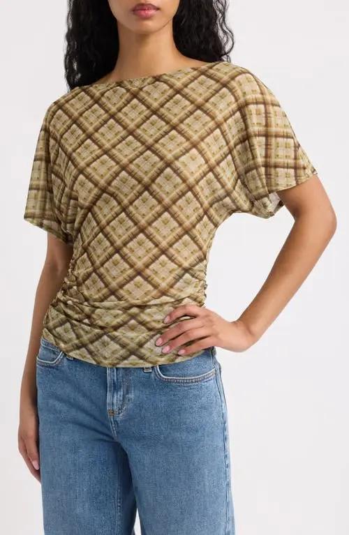 BDG URBAN OUTFITTERS Slash Neck Ruched Mesh Top - Green Check