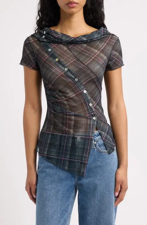 BDG URBAN OUTFITTERS Asymmetrical Plaid Draped Neck Short Sleeve Top - Green Check