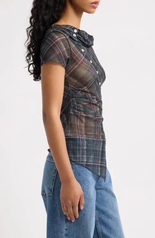 BDG URBAN OUTFITTERS Asymmetrical Plaid Draped Neck Short Sleeve Top