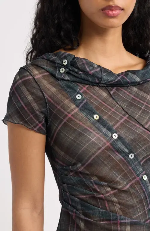BDG URBAN OUTFITTERS Asymmetrical Plaid Draped Neck Short Sleeve Top