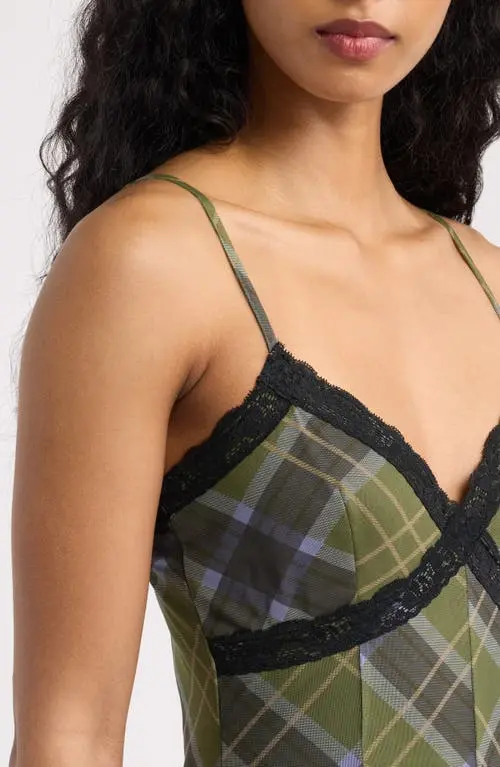 BDG URBAN OUTFITTERS Juniper Romper Plaid Sweetheart Neck With Lace Trim