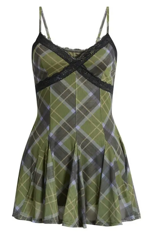 BDG URBAN OUTFITTERS Juniper Romper Plaid Sweetheart Neck With Lace Trim