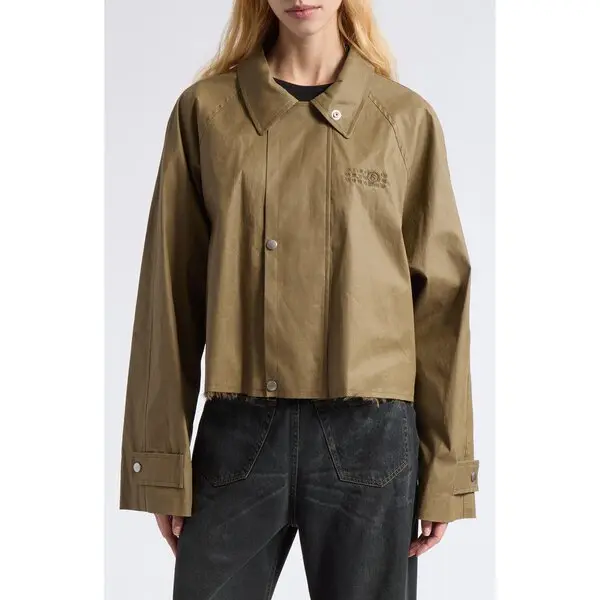 MAISON MARGIELA Cropped Sports Jacket With Raw Hem And Logo Detail - Khaki