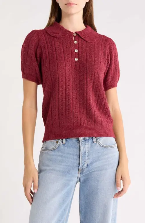 Marine Layer Sophie Pointelle Knit Polo Sweater - Cabernet