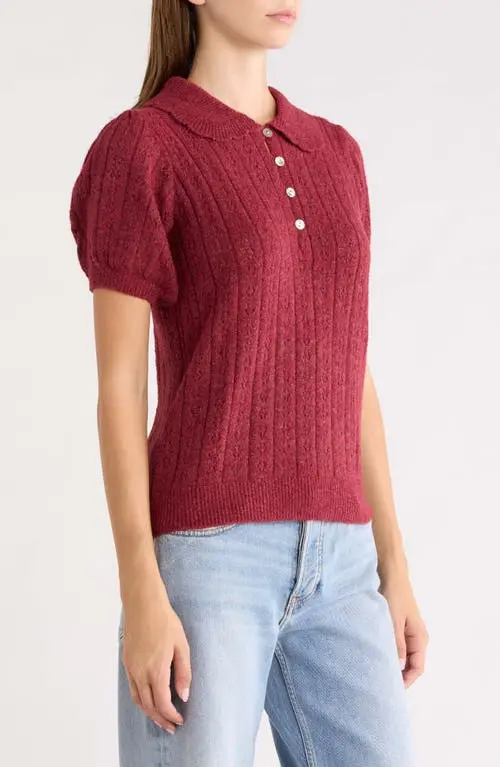 Marine Layer Sophie Pointelle Knit Polo Sweater - Cabernet