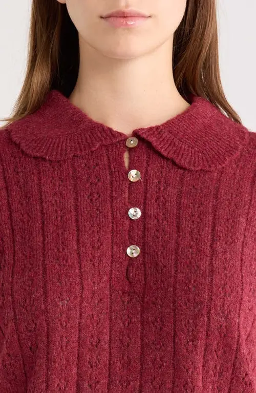 Marine Layer Sophie Pointelle Knit Polo Sweater - Cabernet