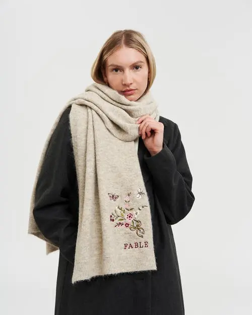 FABLE ENGLAND Eve Floral Embroidered Knitted Scarf - Oat