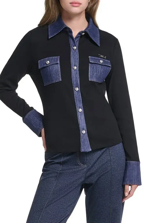 Karl Lagerfeld Paris Denim Accent Knit Shirt - Black