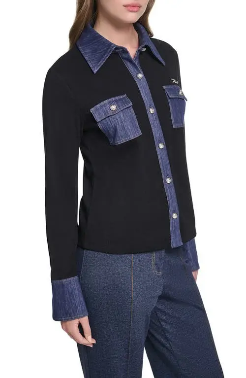 Karl Lagerfeld Paris Denim Accent Knit Shirt