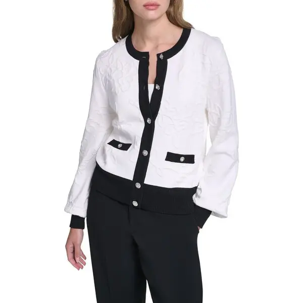 Karl Lagerfeld Paris Jacquard Pattern Crewneck Cardigan - Soft White/black