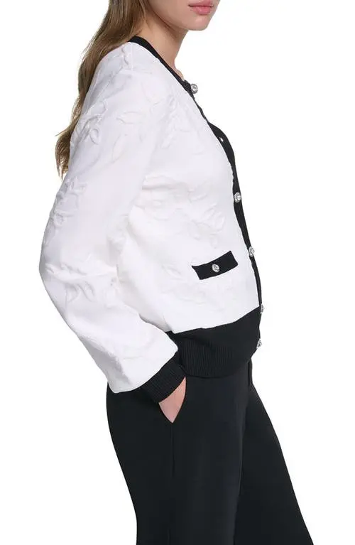 Karl Lagerfeld Paris Jacquard Pattern Crewneck Cardigan - Soft White/black