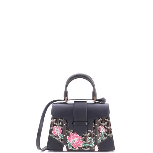 Goyard Structured Saigon Top Handle Bag Embroidered Coated Canvas With Leather Mini - Black