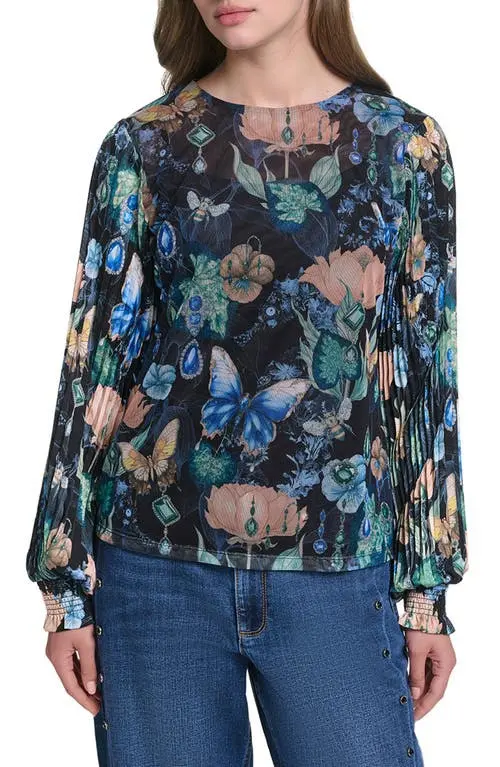 Karl Lagerfeld Paris Floral Long Sleeve Knit Top - Black Multi