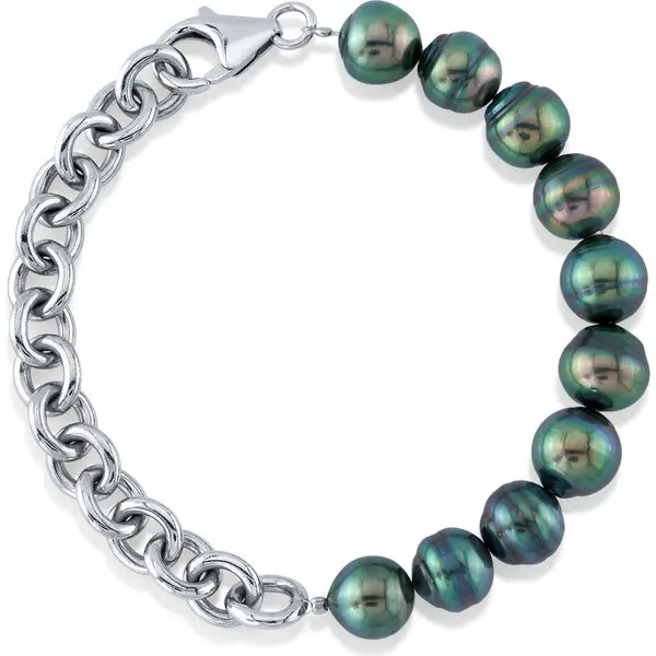 The Pearl Source Sterling Silver Tahitian Pearl & Chain Bracelet - Sterling Silver Chain